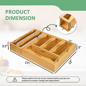 6 in 1 Plastic Bag Organizer with mag Foil and Saran Wrap Dispenser With Cutter For Kitchen Drawer- Bamboo Food Storage Organizer Perfect For Plastic Ziploc，Gallon，Quart Variety Size Bags & 12” Rolls