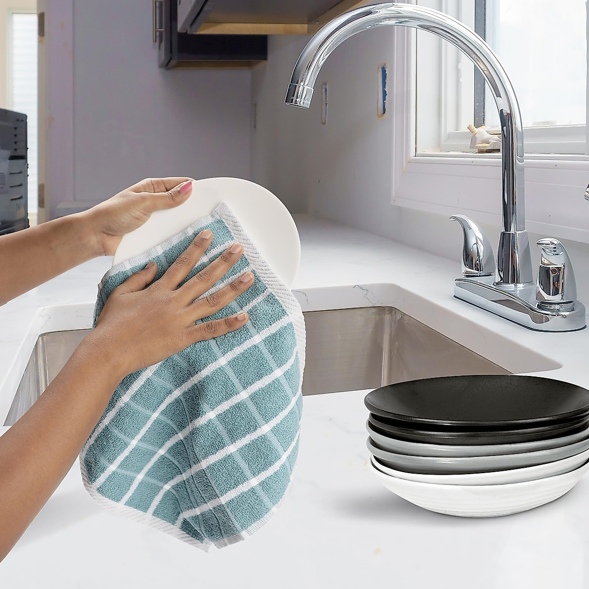 Urban Villa Dish Cloths Terry Cotton Pack of 6, Highly Absorbent Quick Drying Super Soft Premium Dish Towels for Kitchen with Hanging Loop Hand & Tea Towels - 12x12 Inch, (Aqua & White, Checks)