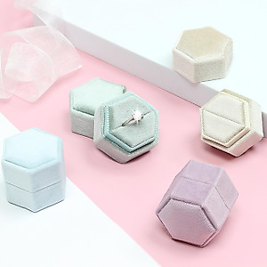 BLUTETE Hexagon Velvet Jewelry Single Slot Ring Box Engagement Wedding Box Keepsake Box Bridal Photo Ring (Sage Green)