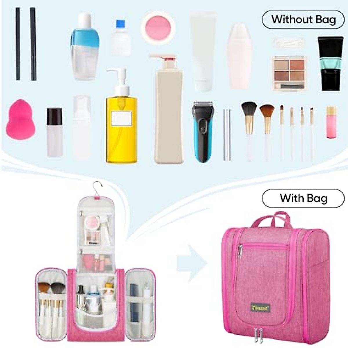 BALEINE Toiletry Bag for Women and Men, Water-Resistance Cosmetic Bags Makeup Organizer for Toiletries with Hanging Hook (Large, Pink)