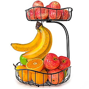 Weronique 2-Tier Countertop Fruit Basket Fruits Vegetables Storage Bowl Stand Holder with Banana Hanger, Black