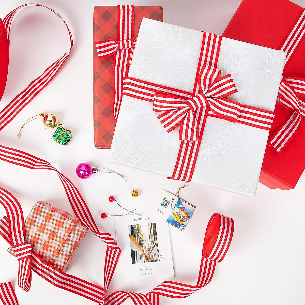 50 Yards Christmas Striped Ribbon 1 Inch Christmas Grosgrain Striped Ribbon for Christmas Gift Wrapping DIY Crafts Wrapping Ribbons Home Ornament Decoration(Red White)