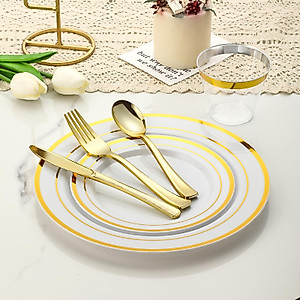 600 Pieces Gold Plastic Dinnerware for 100 Guests, Disposable Plastic Plates for Party Wedding Birthday, Includes 100 Dinner Plates, 100 Salad Plates, 100 Spoons, 100 Forks, 100 Knives, 100 Cups