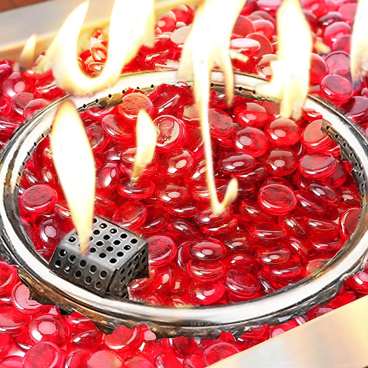 GRISUN 1/2 Inch Red Luster Fire Pit Glass, Round Glass Rocks for Natural or Propane Fireplace, Fire Pit Round Glass Safe for Outdoors and Indoors Firepit Glass, 10 Pounds Fire Glass Beads