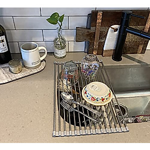 Abigail and Grey Over The Sink Drying Rack Minimalist Roll Up Drying Rack with Premium Metal Strainer Tines - Bonus Flour Sack Kitchen Towel