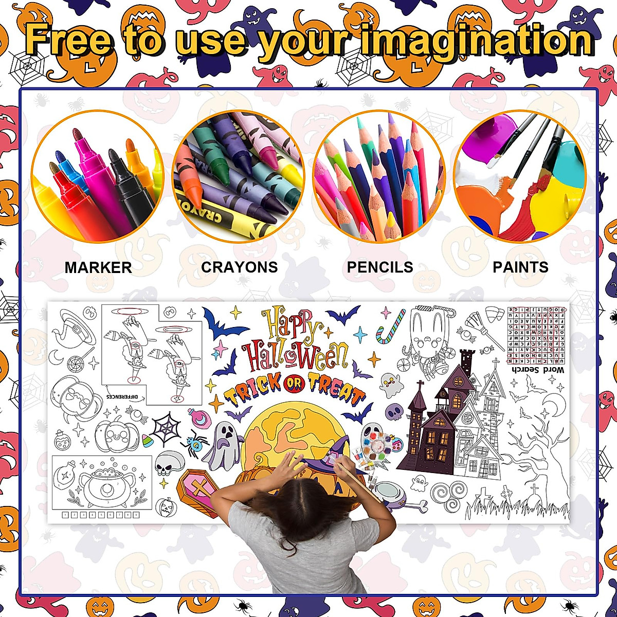Avezano 2 pcs Halloween Coloring Tablecloth Large Happy Halloween Coloring Tablecloth for Kids Jumbo Happy Halloween Paper Coloring Banner Halloween Party Decorations 72x30 inch