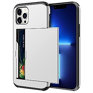 SAMONPOW Compatible with iPhone 13 Pro Case with Card Holder Wallet Dual Layer Hybrid Case Heavy Duty Protection Shockproof Anti Scratch Soft Rubber Bumper Case for iPhone 13 Pro 6.1 inch White