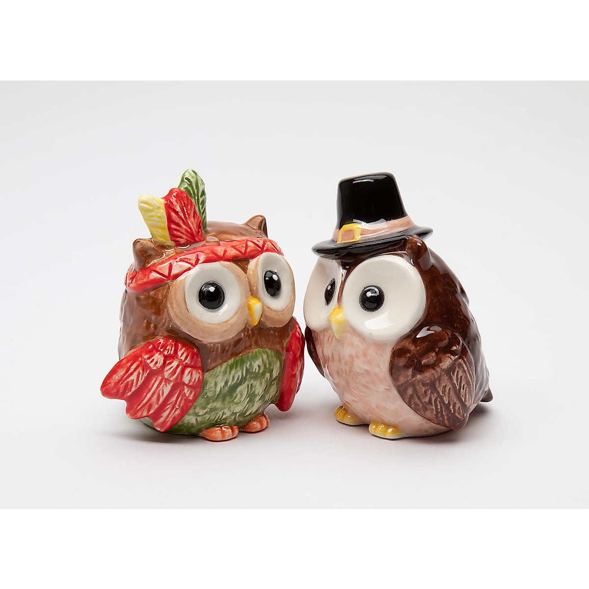 Fine Ceramic Thanksgiving Pilgrim & Native American Indian Owl Salt & Pepper Shakers Set, 2-7/8" H