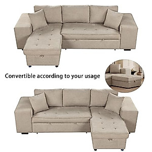 Eafurn L Shaped Reversible Sleeper Sectional Sofa Pull Out Couch Bed with Storage Chaise Lounge and 2 Stools, Button Tufted Chenille Upholstered Convertible Pullout Sofabed for Living Room Office