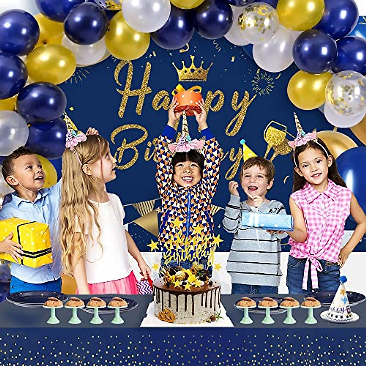 MOVINPE Navy Blue Gold Birthday Party Decorations, Birthday Photography Backdrop Banner Party Tablecloth Confetti Balloons Arch Garland Cake Topper for Bday Party Supplies Deocr