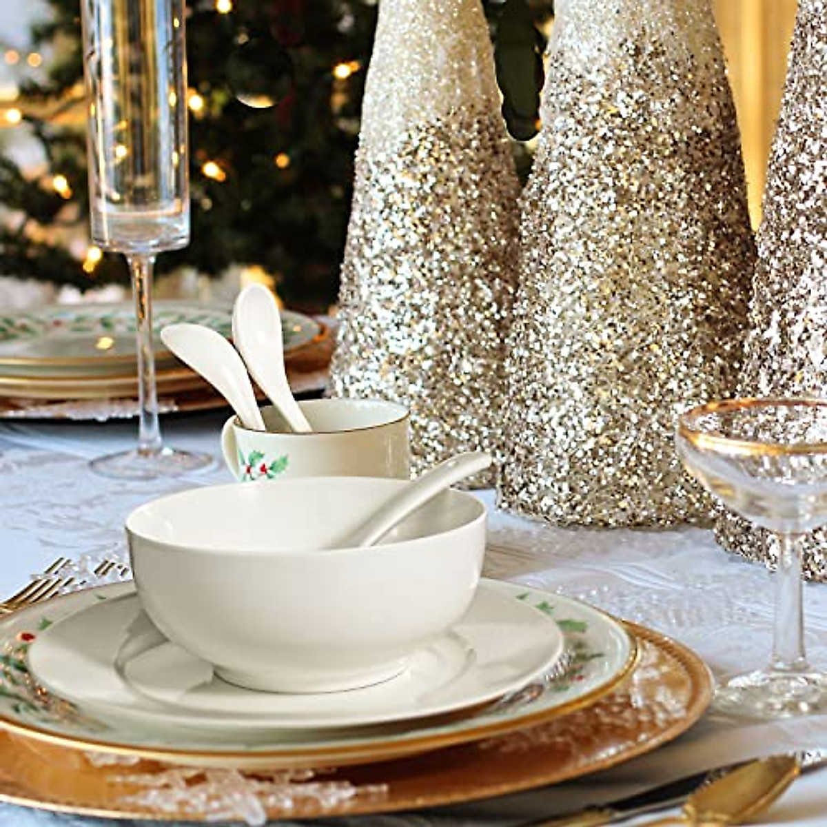 Artena Asian Soup Bowls with Spoons Set of 4, 26 oz Pasta, Ramen, Pho Bowls and Soup Spoons Set, Advanced Porcelain Elegant White Cereal Bowls for Kitchen, Dishwasher Microwave Oven Safe Bowls