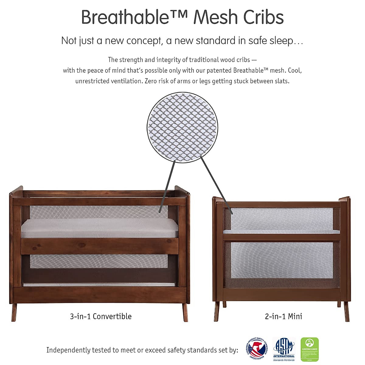 BreathableBaby Breathable Mesh 3-in-1 Convertible Crib (Toddler Bed Kit Sold Separately) — Walnut — Two Adjustable Mattress Heights — Greenguard Gold Certified