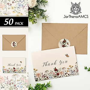 JarThenaAMCS 50 Pack Wildflower Thank You Cards Vintage Flower Greeting Cards Floral Blank Note Cards with Kraft Envelope Sticker for Birthday Wedding Bridal Shower, 4 x 6 Inch
