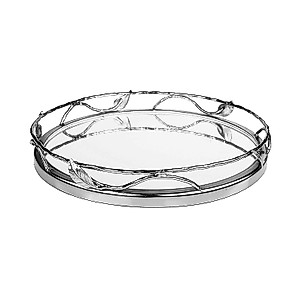 Round Mirror Tray with Nickel Leaf Design - Elegant Serving Tray - Round Mirror Vanity Tray…