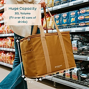 Reusable Insulated Grocery Bag - Leak Proof, Large Insulated Cooler Bag - Insulated Shopping Bags for Groceries - Travel Cooler Bag for Frozen and Hot Food with Zippered Top - Beach, Picnic (Caramel)