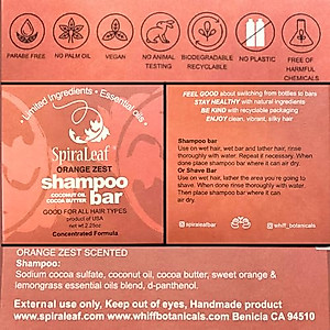 Spiraleaf Shampoo & Shave Bar, Sweet Orange & Lemongrass Essential Oils, Limited Ingredients, Concentrated Formula, USA Made (Orange Zest)