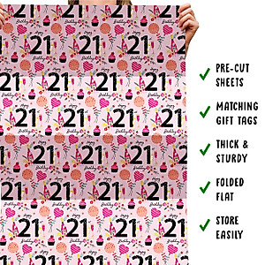 CENTRAL 23 Pink Wrapping Paper for Women - 6 Sheets of Gift Wrap - Party - 21st Wrapping Paper for Her - For Friends or Girlfriend - Age 21 - Comes with Fun Stickers