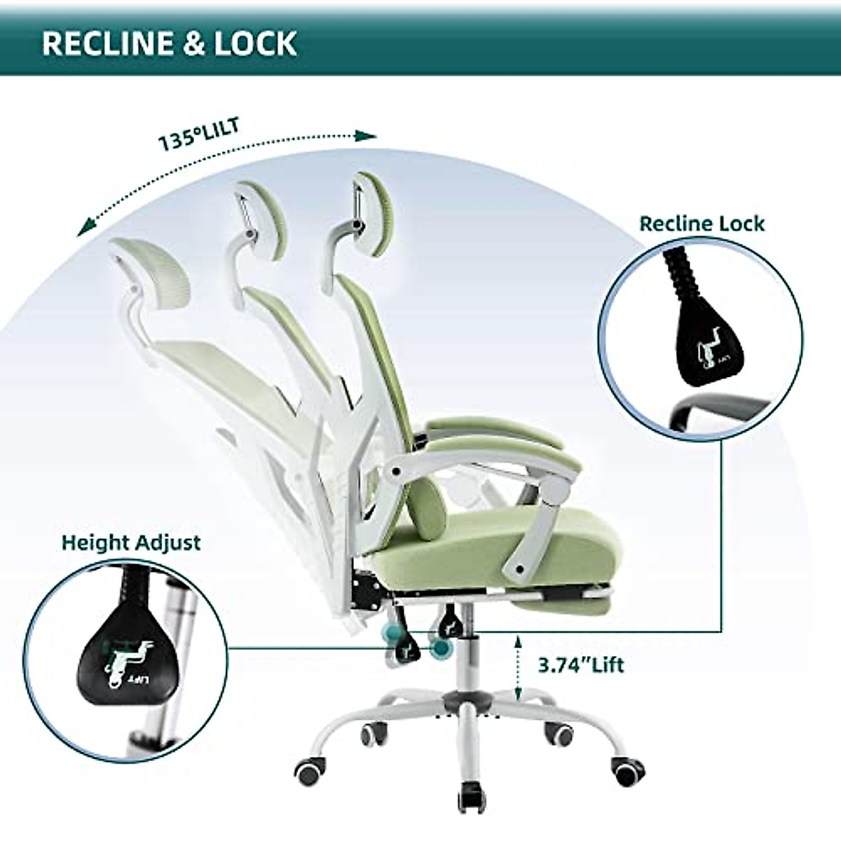 Sweetcrispy Swivel Rolling Padded Armrests Headrest, High Back Lumbar Pillow and Retractable Footrest Ergonomic Home Office, Height Adjustable Reclining Mesh Chair, Green