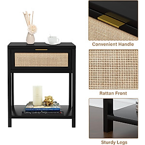 Anmytek Black Nightstand Set of 2, Mid-Century Modern End Table with Storage Drawer and Open Shelf, Boho Rattan Bedside Table, Small Side Table for Bedroom, Dorm