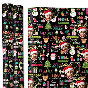Jaydouble Custom Christmas Wrapping Paper Rolls for Adult Kids Customized Gift Wrap Paper for Boys Girls Personalized Photo Wrapping Paper for Son Daughter Black Wrapping Paper 58"x 23"
