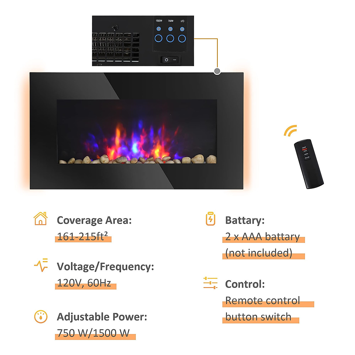 HOMCOM 28.5" 1500W Electric Wall-Mounted Fireplace with Flame Effect, 7 Color Background Light, Black