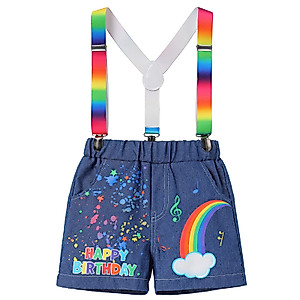 IMEKIS Watermelon 1st Birthday Outfit Baby Boy Cake Smash Romper Blue Denim Bloomers Jeans Shorts Rainbow Suspenders Photoshoot Toddler Summer Melon First Birthday Glow Party Supplies One 1 Year