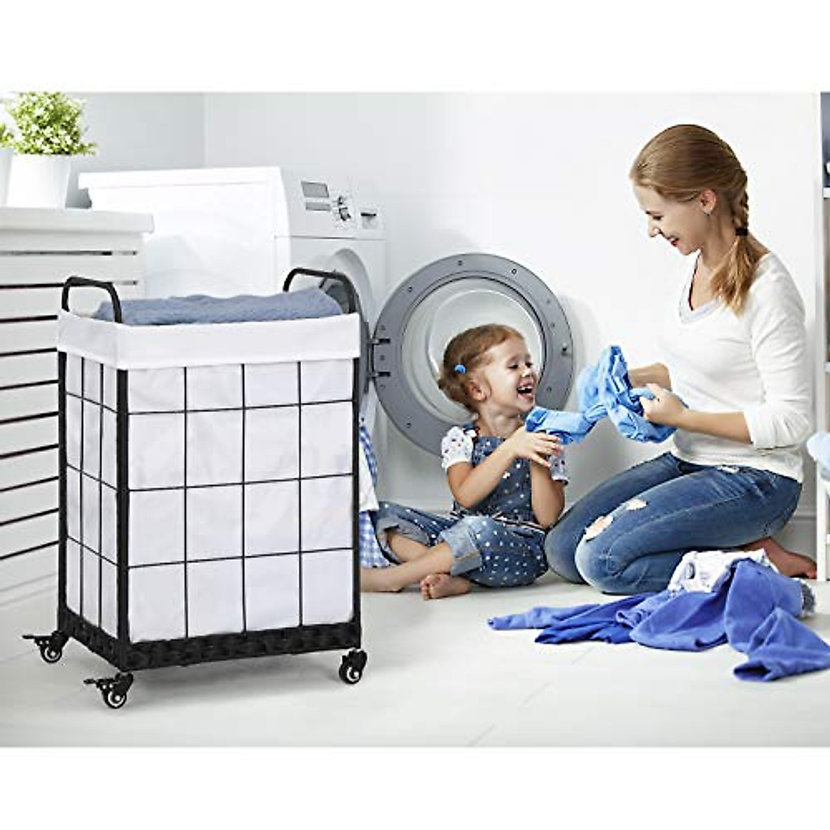Laundry Hamper with Heavy Duty Rolling Lockable Wheels; Durable Laundry Basket with Detachable Liner Bag; Collapsible Clothes Hamper with Metal Handle (White)