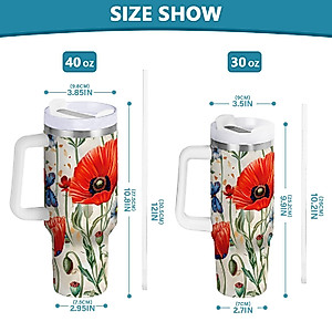 FENOCHE Red Poppy Flowers Butterfly 30 oz Tumbler Insulated Cups Stainless Steel Water Bottle with Handle Lid and Straw Tumblers for Car Cup Holder