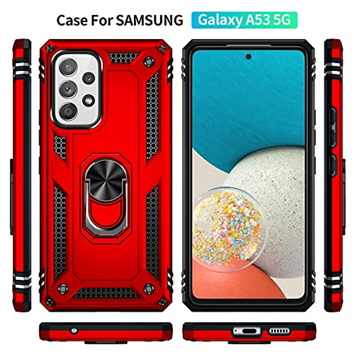 YZOK Case for Samsung Galaxy A53 Case,with HD Screen Protector, [Military Grade] Ring Car Mount Kickstand Hybrid Hard PC Soft TPU Shockproof Protective Case for Samsung A53 (Red)