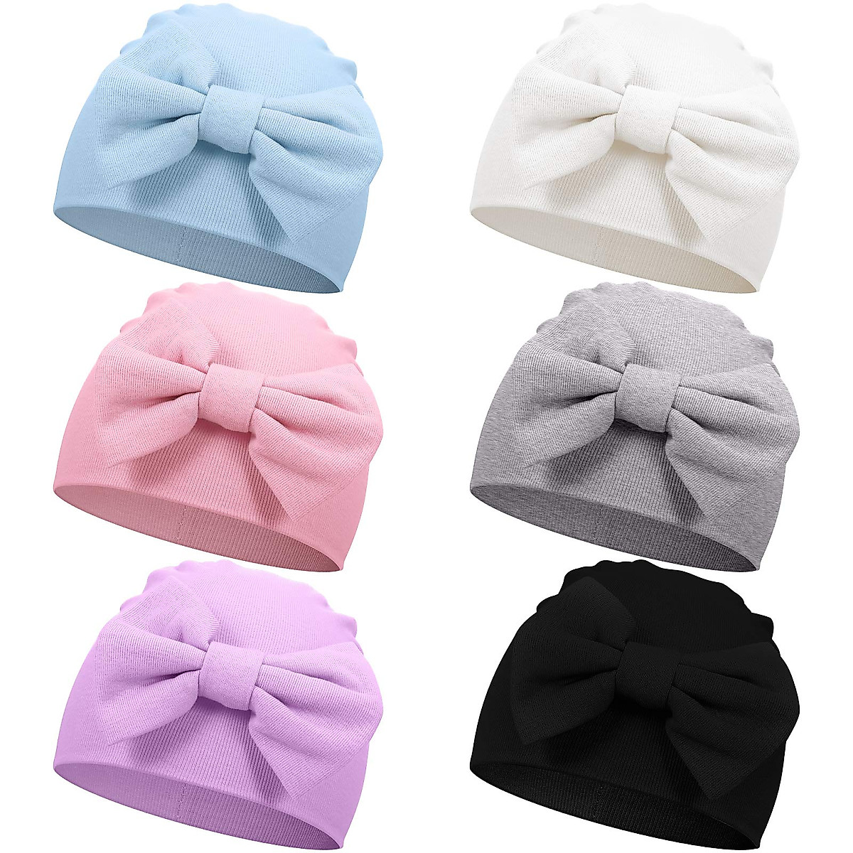 Geyoga 6 Pcs Newborn Hats Baby Beanie Cotton Hats Soft Newborn Baby Cap with Cute Bow for 0-6 Months Girls Unisex Baby(Classic Colors)