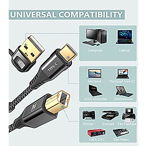 2-in-1 USB-A/C to USB-B Printer Cable 6.6FT, USB C MIDI Cable Nylon Braid High-Speed Printer Cord for MacBook Pro/Air,Digital Piano MIDI Controller,HP Canon Dell Epson Brother Samsung-Black