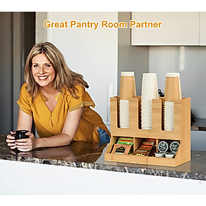 TQVAI Bamboo Coffee Station Organizer, 6 Compartments Condiment Rack Breakroom Accessories Caddy for K Pods, Snack, Tea Bags, Disposable Cups, Original