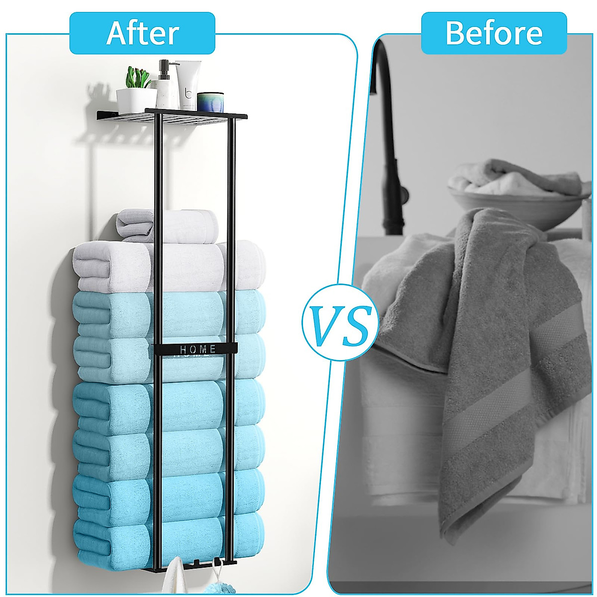 KLJKPA Towel Racks for Bathroom, Upgrade Wall Mounted Towel Rack Holder with Metal Shelf, Bathroom Towel Storage Holder Organizer for Rolled Folded Towels (Black)