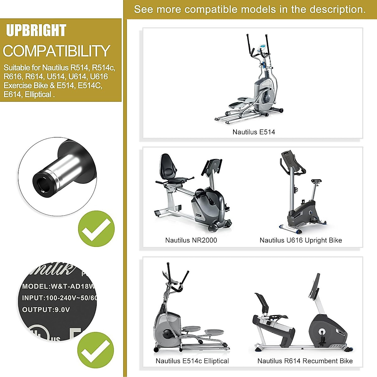 UpBright 9V AC/DC Adapter Compatible with Nautilus 2000 NR2000 NB2000 NE2000 R514 R614 R616 R618 U514 U614 U616 U618 Residential E614 100391 100387 Recumbent Trainer Exercise Upright Bike Power Supply