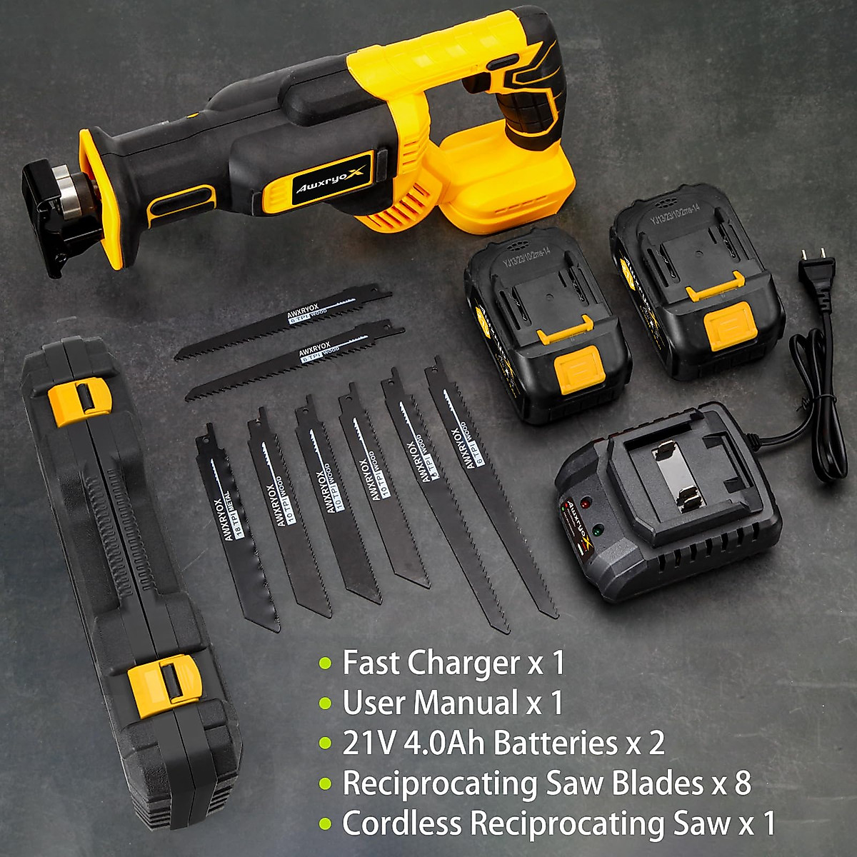 AwxryoX 21V Brushless Reciprocating Saw Cordless, 3500SPM Variable Speed Saw Reciprocating with 2 x 4.0Ah Battery & 8 Saw Blades, Tool Free Blade Change Power Reciprocal SawSaw for Wood Metal PVC