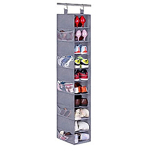 MISSLO 10-Shelf Hanging Shoe Organizer for Closet Organizers and Storage Shelves Hat Rack for Closet with 10 Side Mesh Pockets for Shoes, Caps, Scarves, Folded Clothes and Toys, Grey