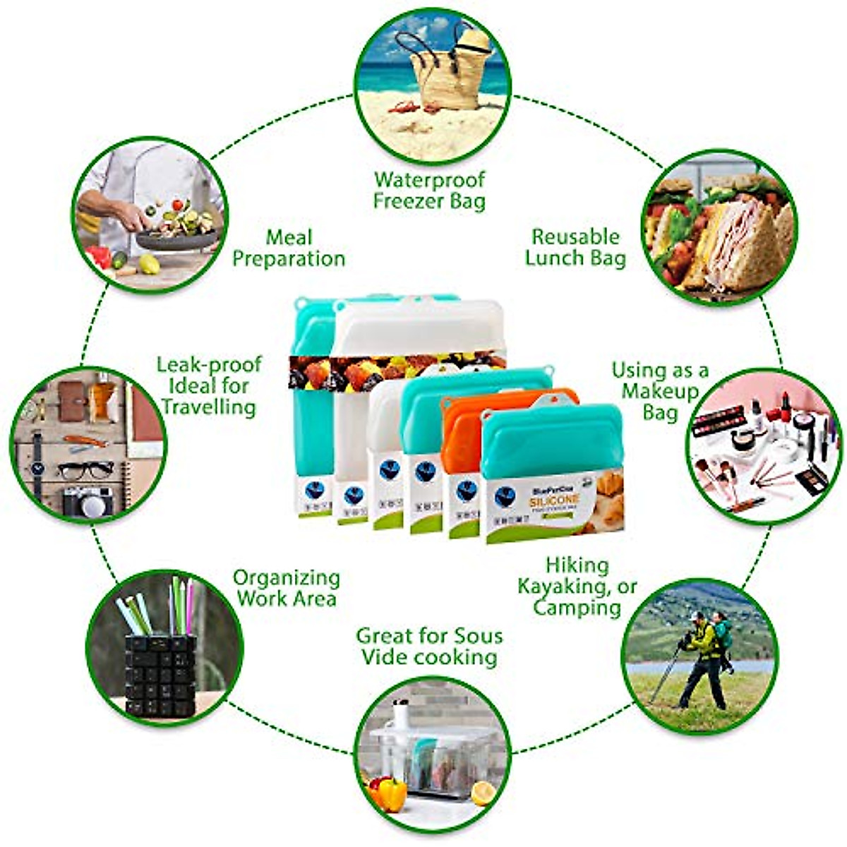 BluePerlOne Two-30 oz. 100% Silicone Reusable Food Storage Bags (2 Pack) - Eco-friendly, Food-Grade, Leak-Proof Zipper Bags - Microwave, Oven, Sous Vide, Dishwasher & Freezer Safe (4 Cups/ 30 oz.)