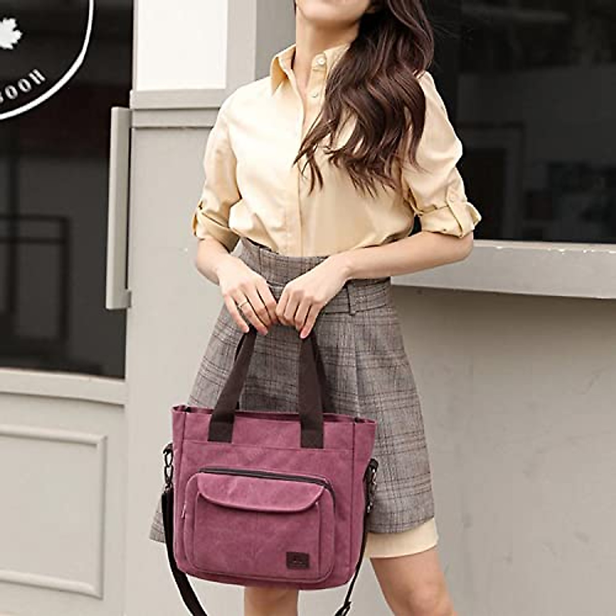 SUKUTU Ladies Canvas Tote Handbags Multi Pockets Satchel Large Capacity Stylish Top Handle Shoulder Bag