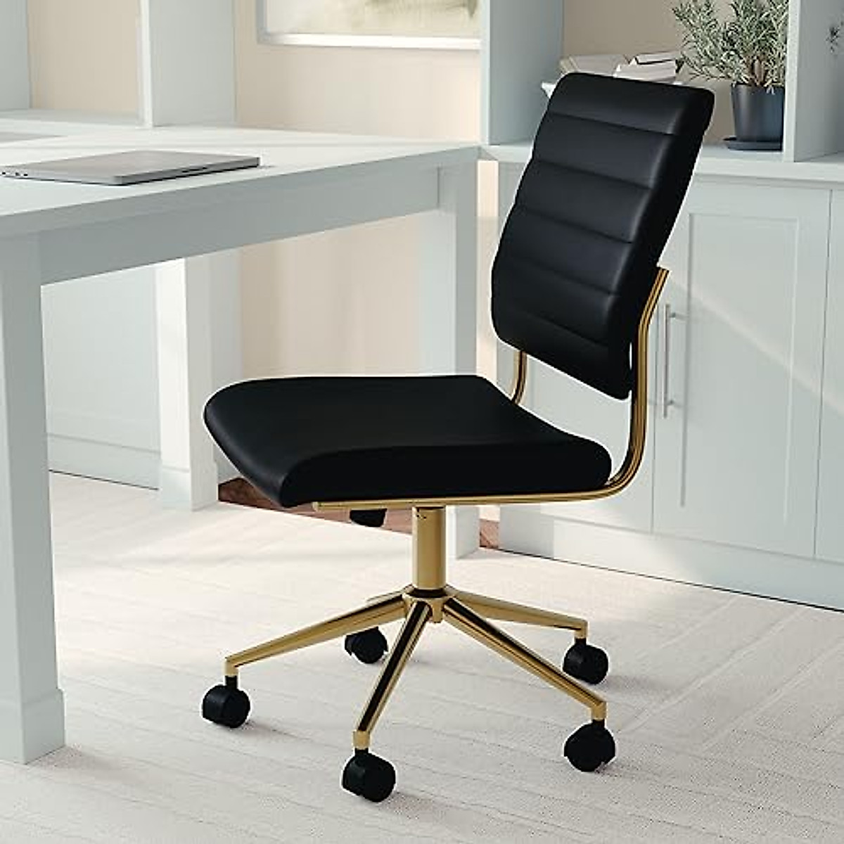 Martha Stewart Ivy Armless Swivel Task Chair for Home Office in Black Faux Leather with Polished Brass Frame