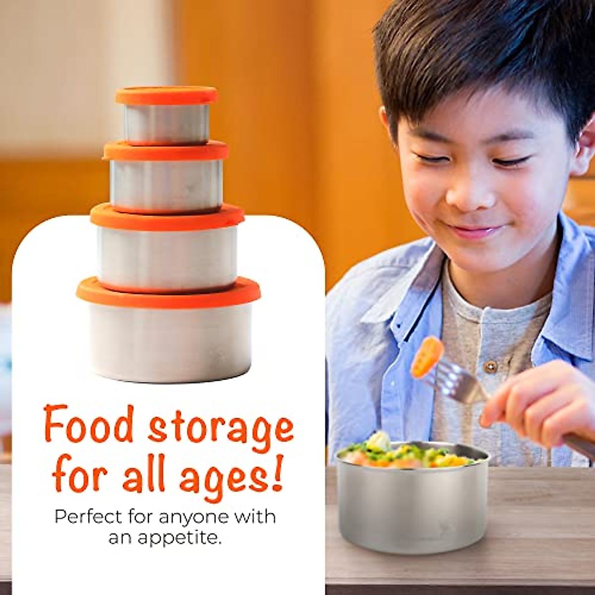 The Pinwheelers - Storage Containers With Lids, Food Storage Container Christmas Gift Bundle, Stainless Steel Containers With Lids In 4 Assorted Sizes, Family Gifts Ideas, Orange Lid