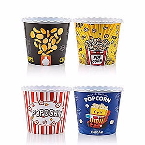 Modern Style Reusable Plastic Popcorn Containers / Popcorn Bowls Set for Movie Theater Night - Washable in the Dishwasher - (BPA Free-4 Pack) (Color: Yellow, Brown, Red/White and Blue Popcorn Boxes)