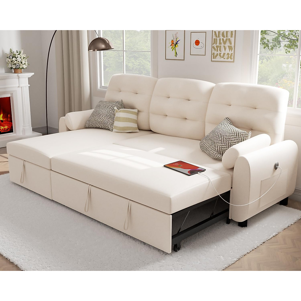 Ucloveria Sectional Sofa Couch, 87" Sleeper Sofa Bed with Reversible Storage Chaise Pull Out Couch for Living Room | Side Pocket | Charging Station | Removable Backrest | Linen Fabric, Beige