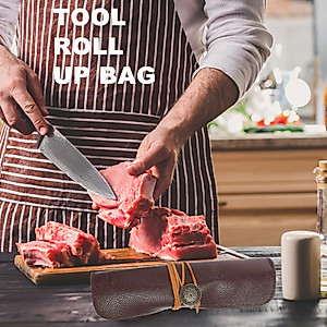 BESTonZON Chefs Knife Roll Bag, Waxed Canvas Knife Cultery Carrier, Portable Chef Knife Cases, Knife Holders With 5 Slots, And Durable Pocket Knives Leather Bag Storage Organizer