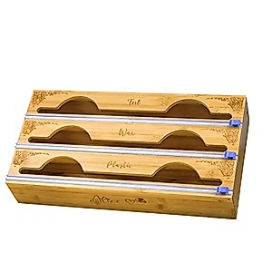 Alice 3-in-1 Foil and Plastic Wrap Organizer with Cutter | Compatible with Plastic Wrap, Aluminum Foil, and Wax Paper | Nature Bamboo Wrap Dispenser for Kitchen Storage Organization for 15 1/4" Roll