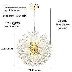 Vikaey Dandelion Crystal Chandeliers, 12-Light Firework Modern Sputnik Chandelier Ceiling Light Fixture Pendant Lighting for Dining Room Bedroom Kitchen Island Living Room,Glod