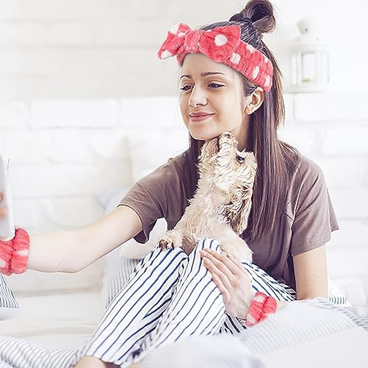 Shindel 6PCS Makeup Headband Set, Bow Hair Bands with Wristbands Coral Fleece Face Wash Headbands for Women Spa Makeup Shower Skin Care Yoga