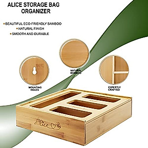 Alice Ziplock Bag Organizer | Nature Bamboo Baggie Holder | Compatible with Gallon, Quart, Sandwich, Snack, and Variety Size Food Bag | Bag Storage Organizer for Kitchen Drawer