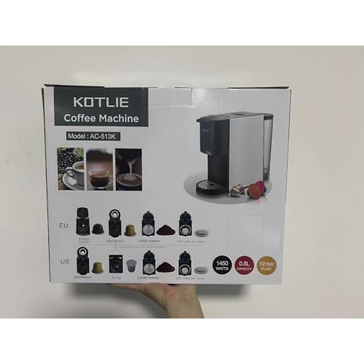 KOTLIE 4in1 Espresso Machine,Customize Volume Settings,Single Serve Coffee Maker for Nespresso original/K cups/L'OR/Ground Coffee/illy Coffee ESE,19Bar Espresso Maker,1450W Coffee Machine