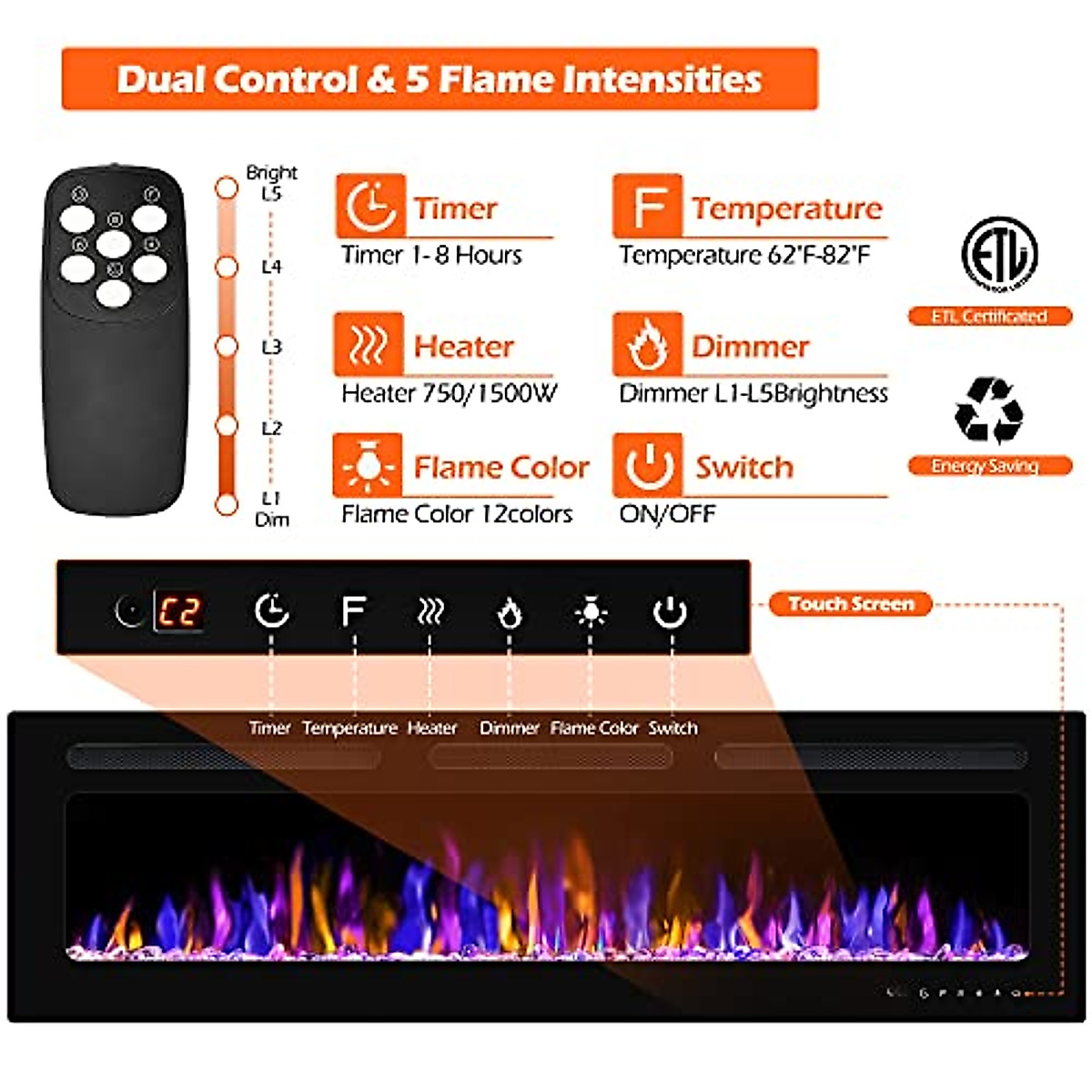 BETELNUT 50" Electric Fireplace Wall Mounted and Recessed with Remote Control, 750/1500W Ultra-Thin Wall Fireplace Heater W/Timer Adjustable Flame Color and Brightness, Log Set & Crystal Options