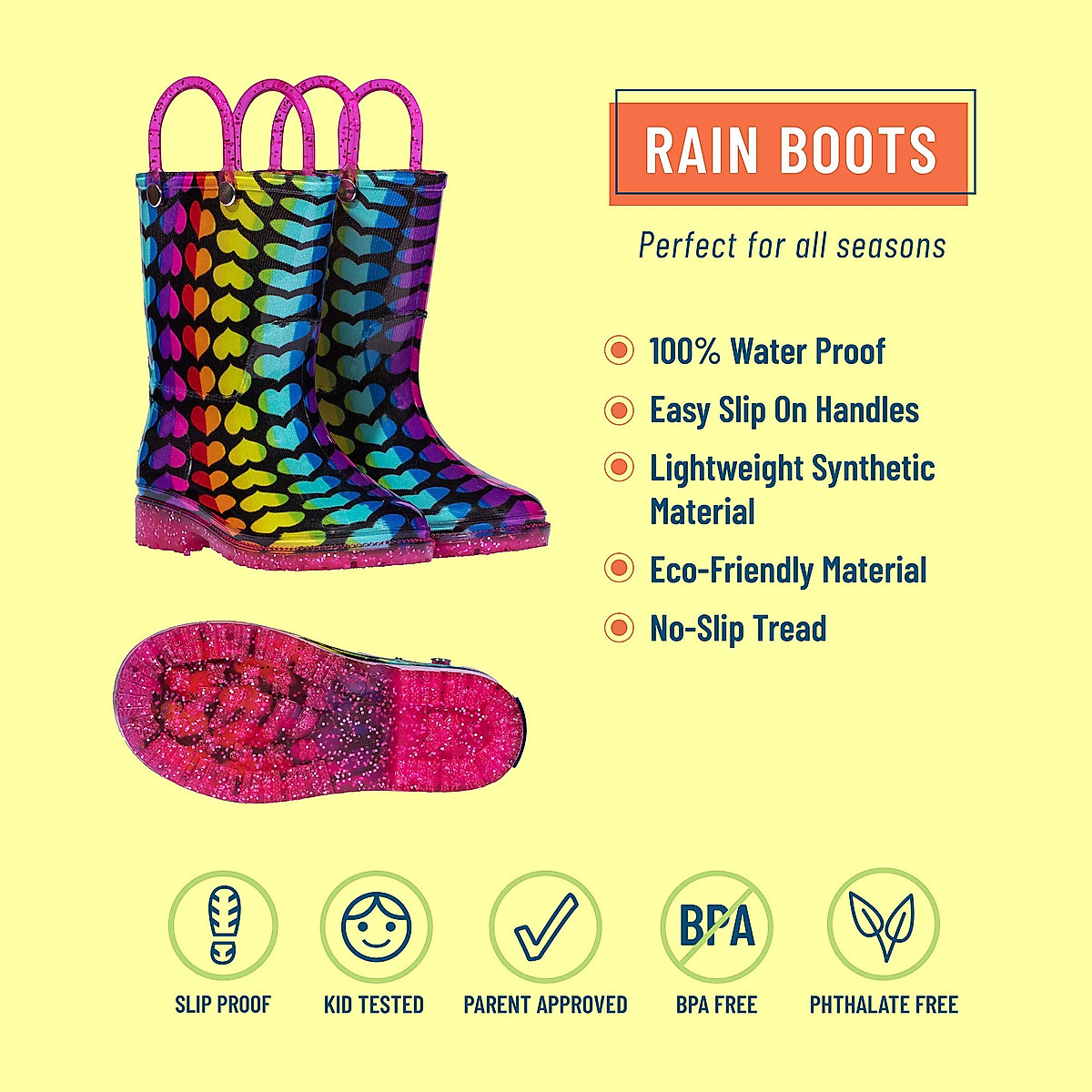 Wildkin Kids Rain Boots for Toddlers Boys & Girls, 100% Water Proof Rain Boots for Kids with Easy Slip-On Handles, Features No-Slip Tread, Ideal for All Seasons, Size 7 (Rainbow Hearts)